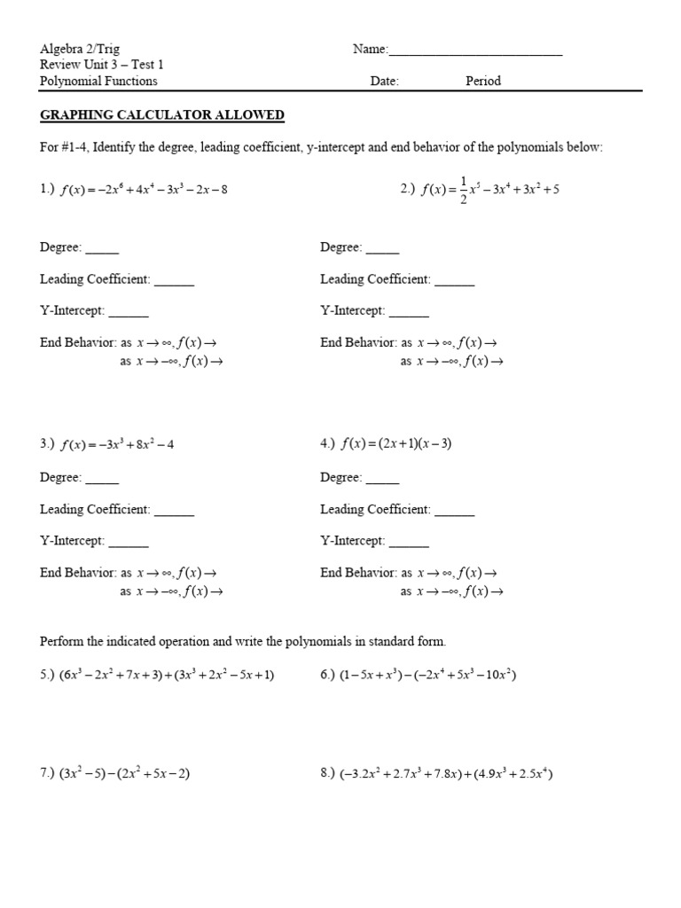 REVIEW - Test 1 - Polynomial Functions | PDF | Function (Mathematics ...