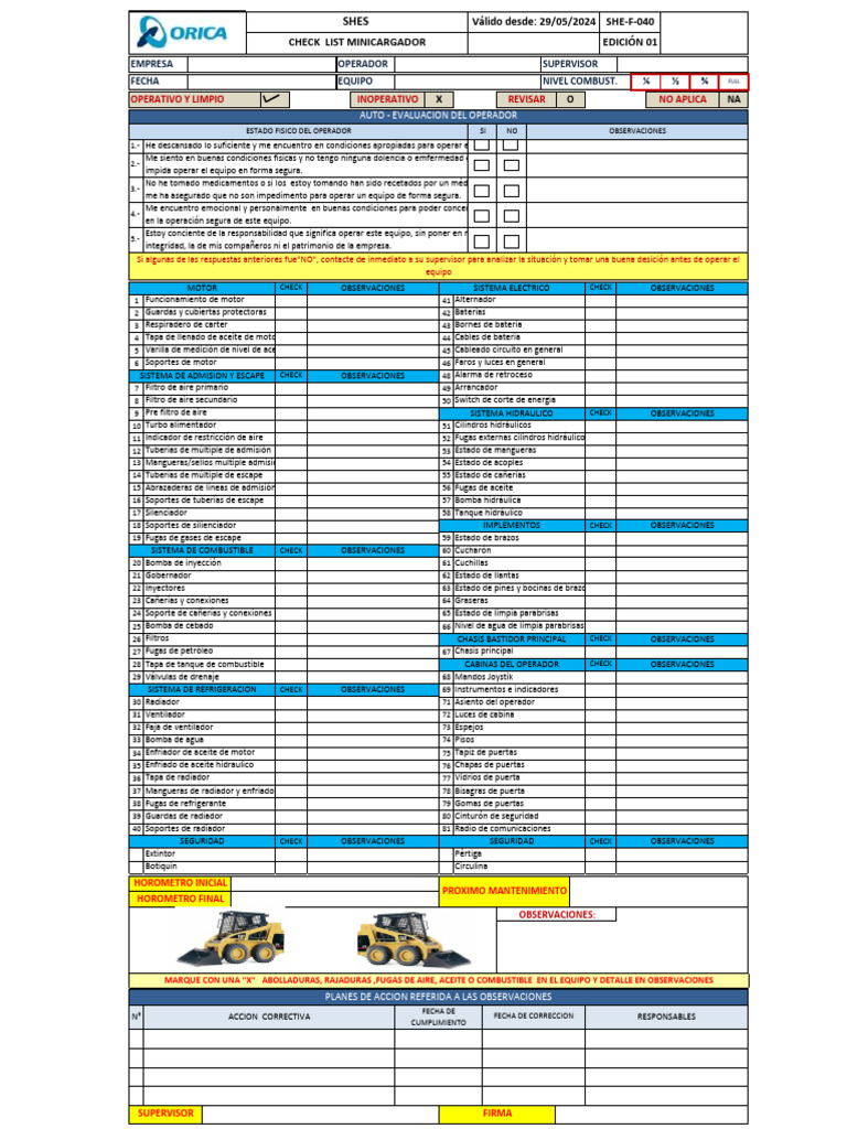 CHECK LIST MINICARGADOR | PDF | Inyección de combustible | Bomba
