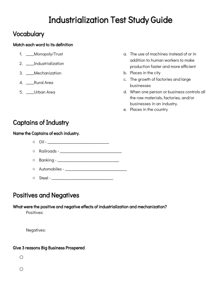 Industrialization Quiz Study Guide Fillable Sapphire | PDF