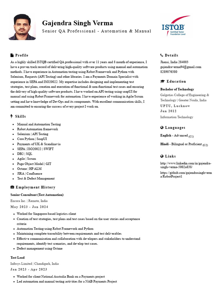 Gajendra Singh Verma QA Resume Updated | PDF | Selenium (Software) | Systems Engineering