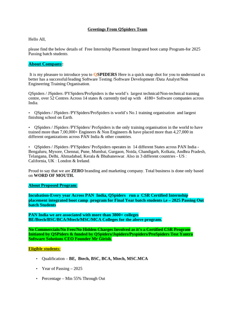 QSpiders 2025 Batch Hiring JD | PDF