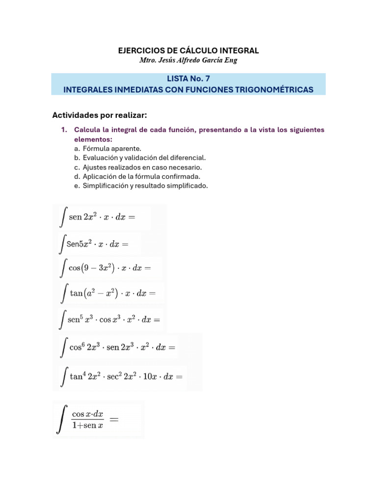 LISTA No 7 Integrales Trigonométricas Básicas | PDF