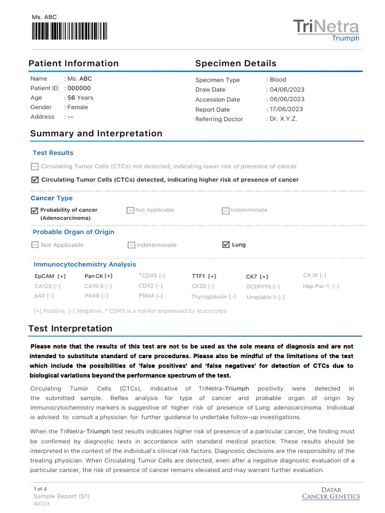 Sample Report Positive TriNetra-Triumph | PDF | Cancer | Carcinoma