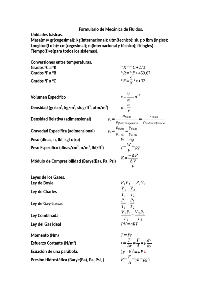Formulario de Mecánica de Fluidos | PDF | Presión | Movimiento (física)