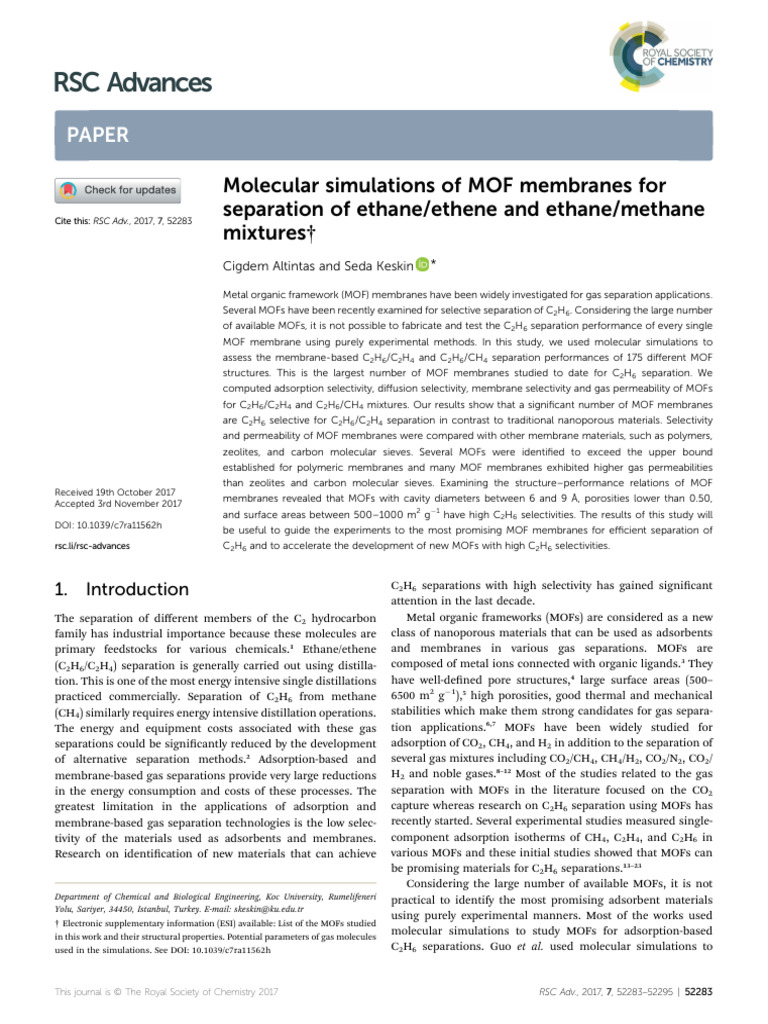 Molecular Simulations of MOF Membranes For Separat | PDF | Adsorption | Physical Sciences