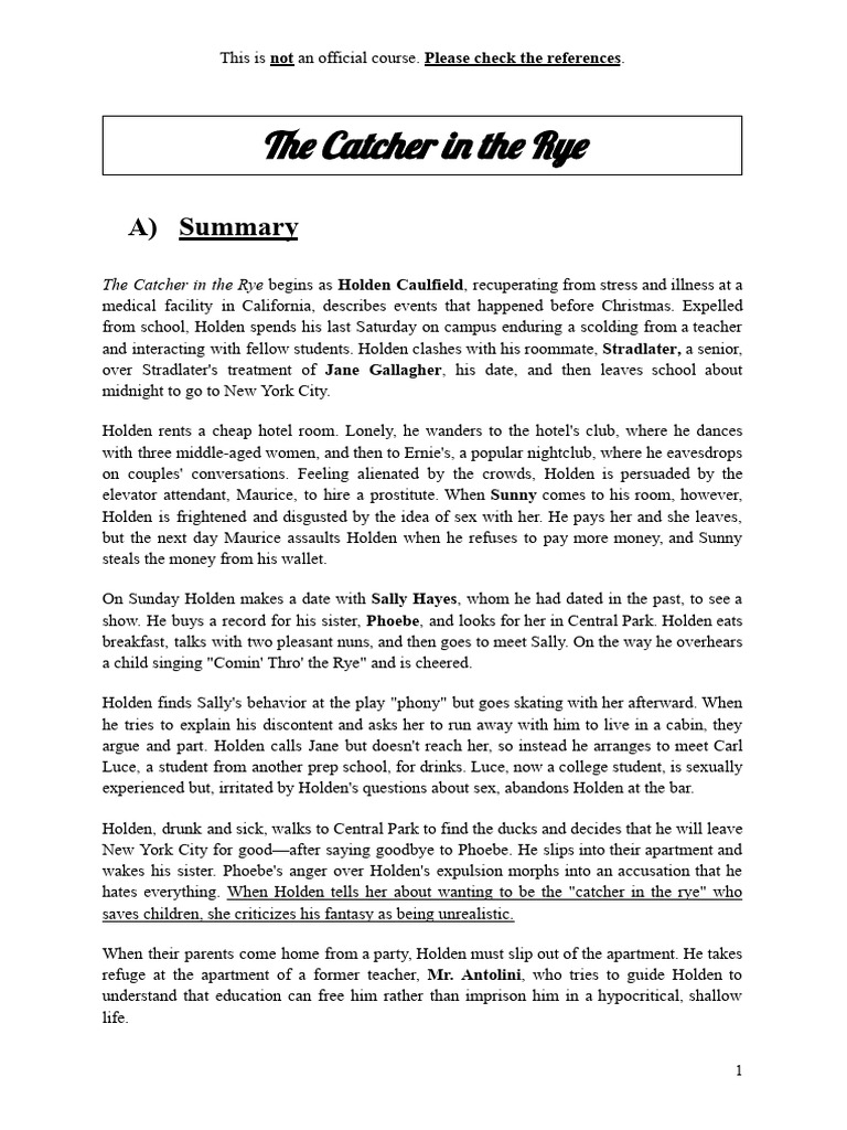 Novel - The Catcher in the Rye (Review Sheets) | PDF