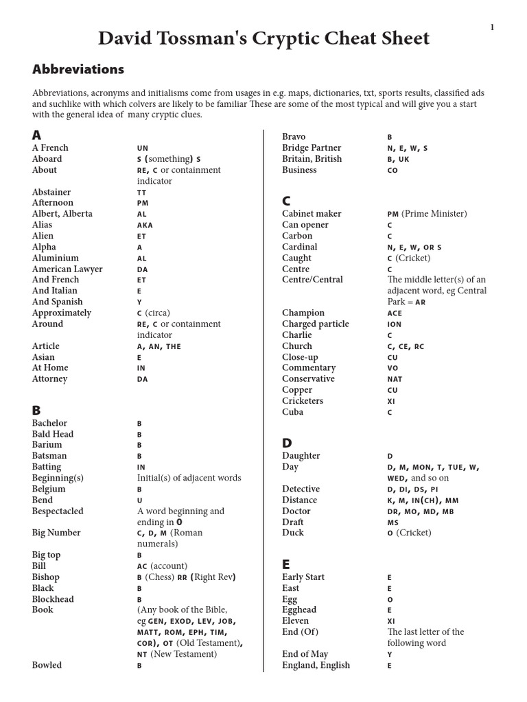 Cryptic Crossword Cheatsheet | PDF