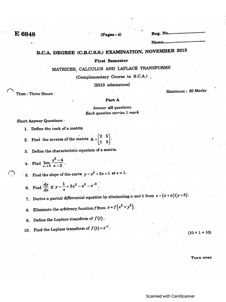 Bca 1 Sem Matrices Calculus and Laplace Transforms e 6848 Nov 2013 | PDF