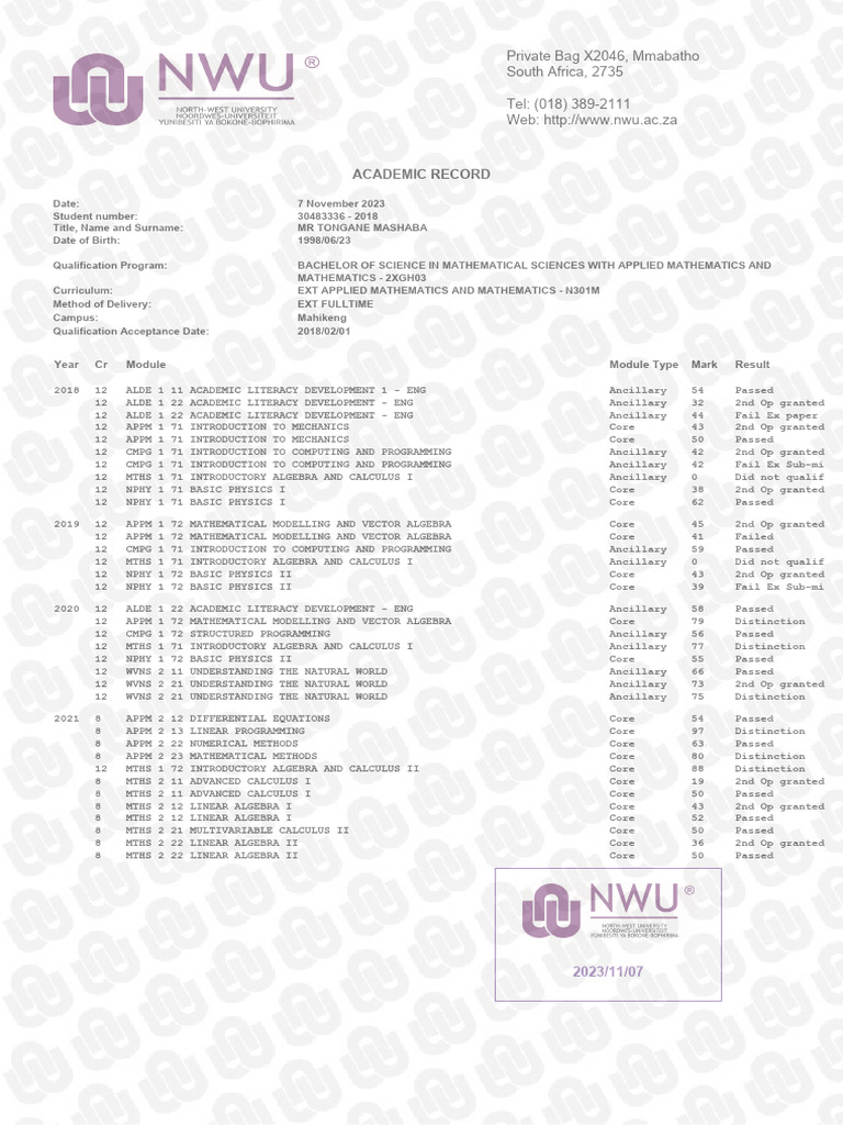 BSC Academic Transcript Mashaba T | PDF | Mathematical Analysis ...