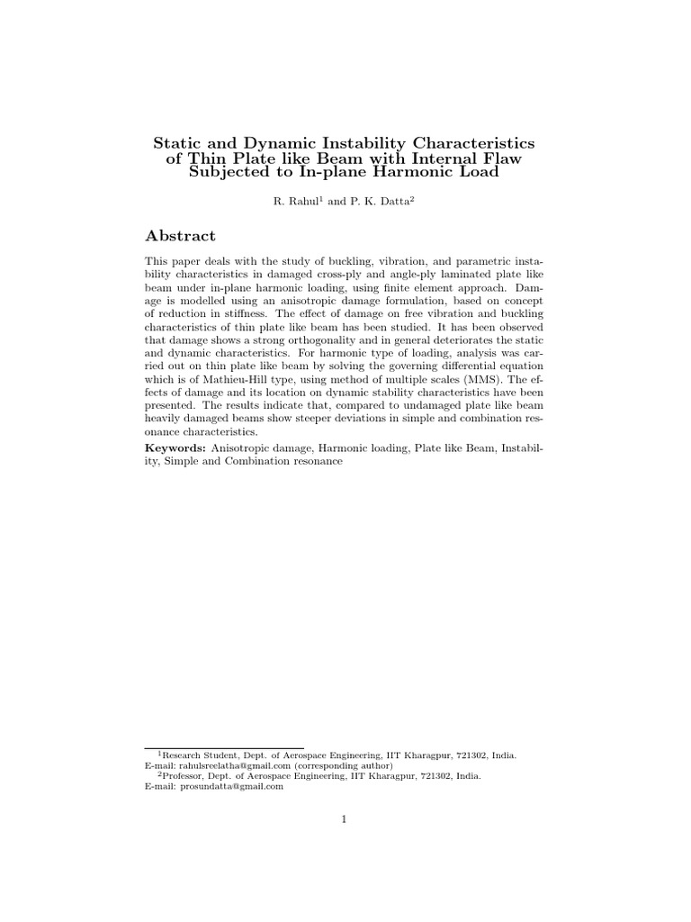 Static and Dynamic Instability Characteristics of Thin Plate Like Beam ...