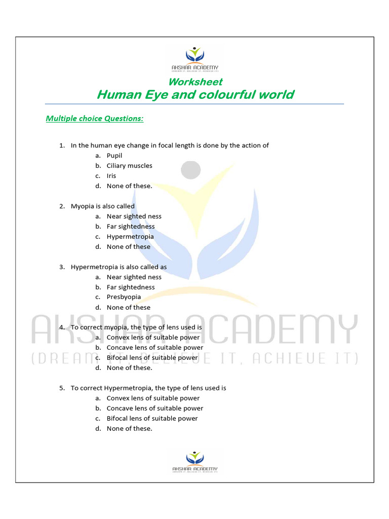 Human Eye and Colourful World Worksheet PDF | PDF | Human Eye | Myopia