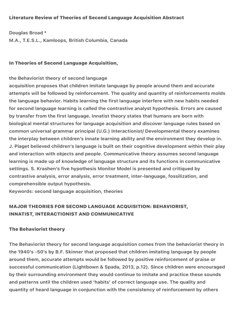 Literature Review of Theories of Second Language Acquisition Abstract ...
