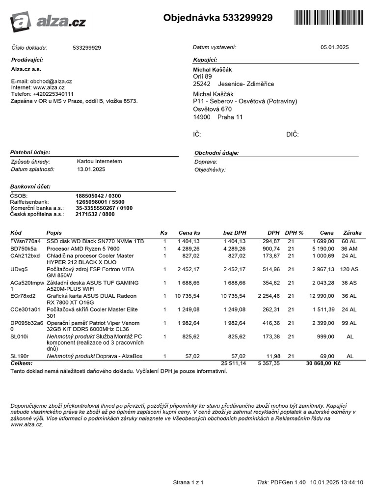 Objednávka: Michal Kaščák Alza - CZ A.S | PDF