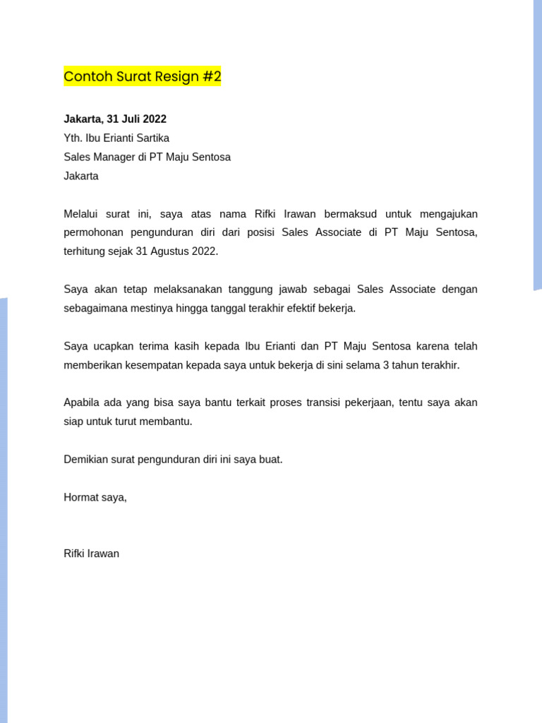 Contoh Surat Pengunduran Diri Resign | PDF