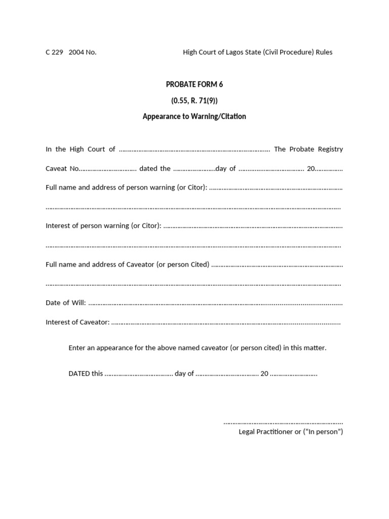 Probate Form 6: Appearance to Citation | PDF