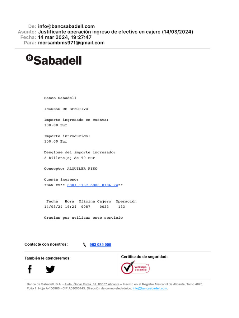 Justificante operación ingreso de efectivo en cajero (14032024) | PDF | Informática