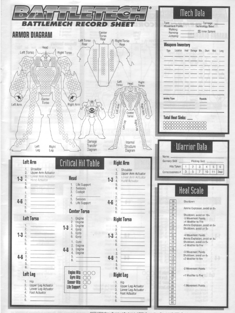 Battletech 1604 - 4th Edition Boxed Set - Mech Sheets and Tables | PDF