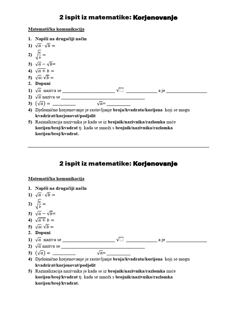 2 ispit iz matematike korjenovanje | PDF