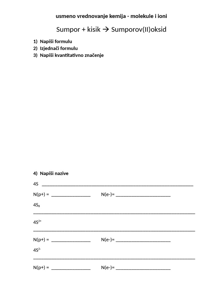 Usmneo Vrednovanje Kemija - Molekule I Ioni | PDF