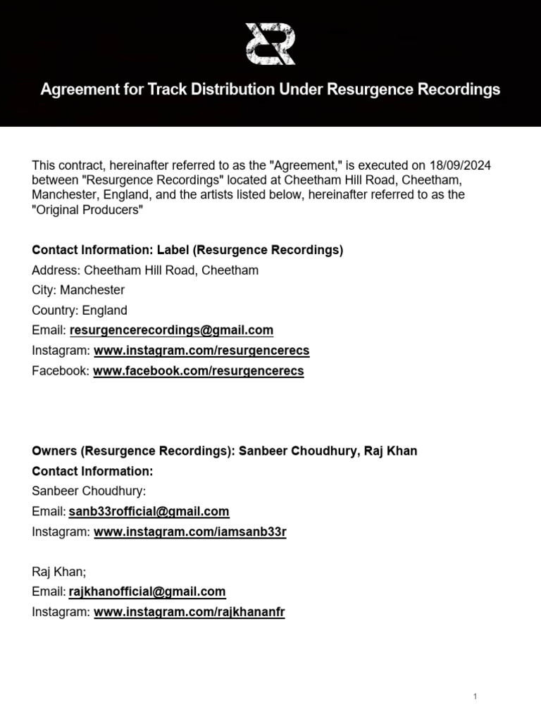 Agreement For Track Distribution Under Resurgence Recordings | PDF ...