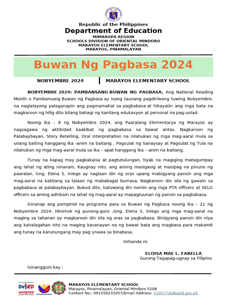 Marayos Es - Naratibong Pag Uulat Sa Buwan NG Pagbasa 2024 | PDF