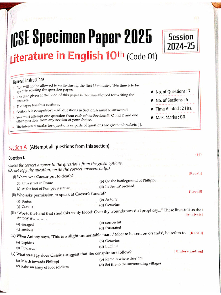 Literature-English 10 SAMPLE PAPERS | PDF