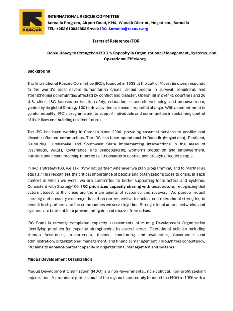 Consultancy to Strengthen MDOs Capacity in Organizational Management Systems and Operational ...