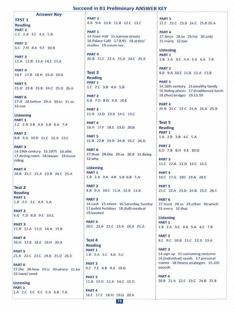 Succeed in Preliminary B1 - ANSWER KEY | PDF