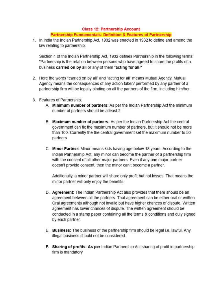 Class 12 - Partnership Account | PDF | Partnership | Debits And Credits