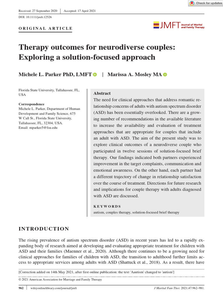 J Marital Family Therapy - 2021 - Parker - Therapy Outcomes For Neurodiverse Couples Exploring A ...