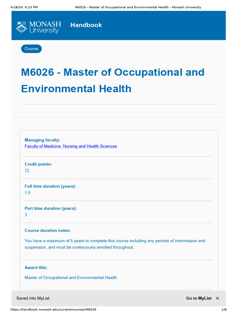 Master of Occupational Health at Monash | PDF | Occupational Safety And ...