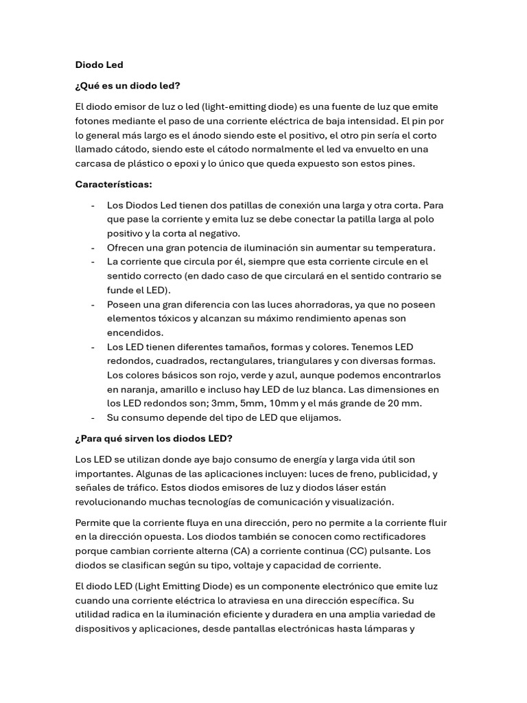 Características y usos de diodos LED | PDF | Diodo emisor de luz | Corriente eléctrica