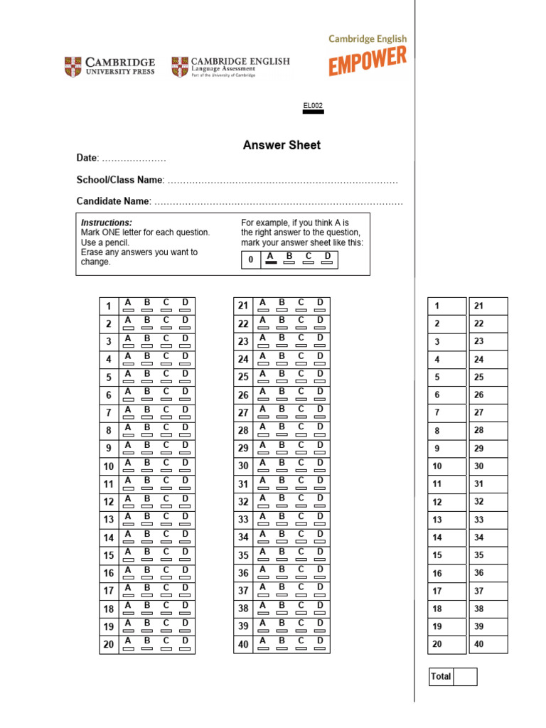 Cambridge English Empower Paper Based Placement Test Student Answer ...