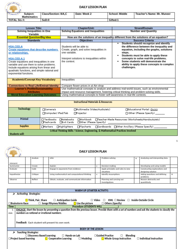 Daily Math Lesson Plan: Inequalities | PDF | Lesson Plan | Classroom ...