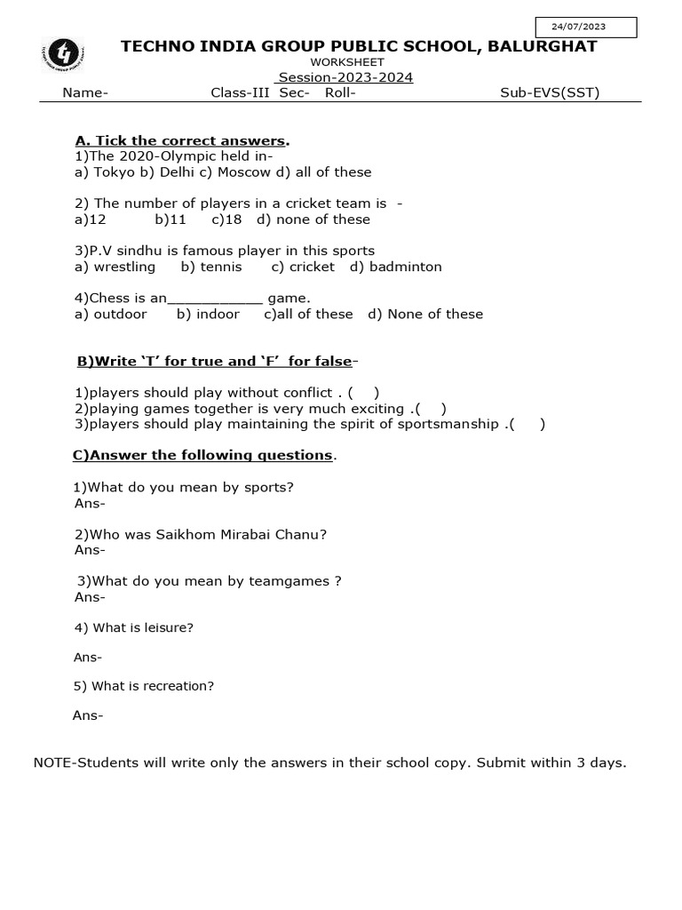 Class III EVS Worksheet 2023-2024 | PDF