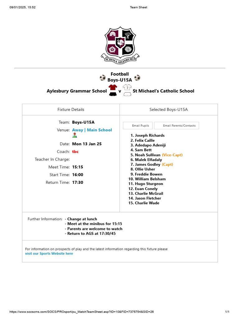 Team Sheet Vs ST Michael's 13.01 | PDF