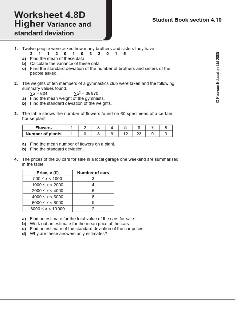 Worksheet 4.8d (Standard Deviation) | PDF