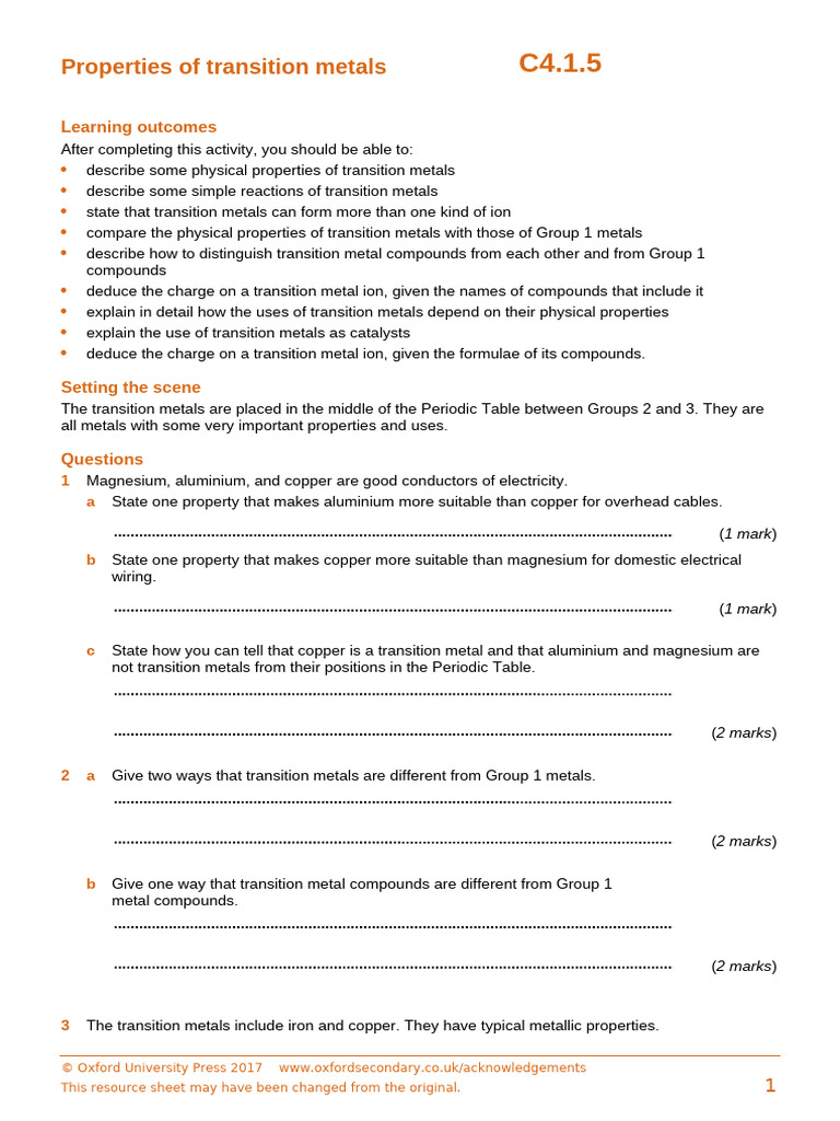 Thomas Webb - C4.1.5 Transition Metals Vs 2 | PDF | Metals | Transition ...