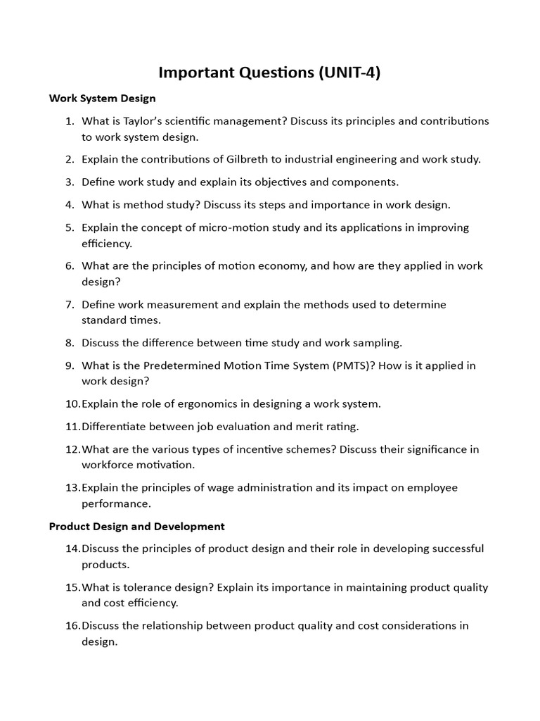Important Questions (UNIT-4) : Work System Design | PDF