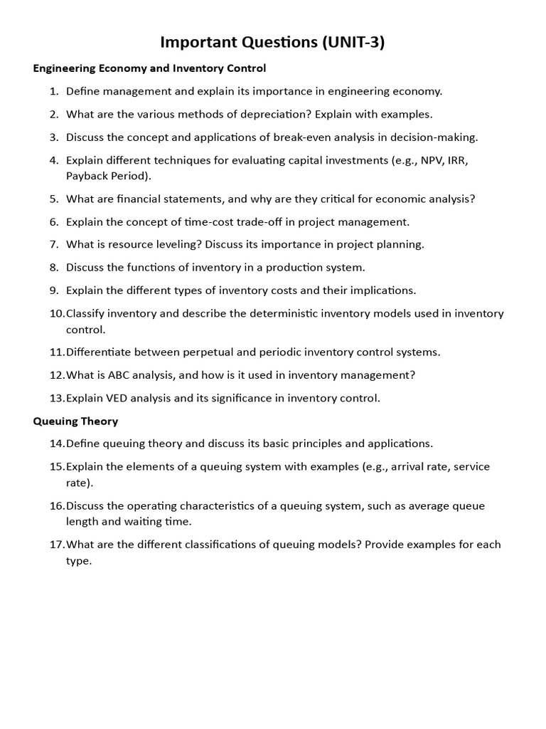 Important Questions (UNIT-3) : Engineering Economy and Inventory Control | PDF