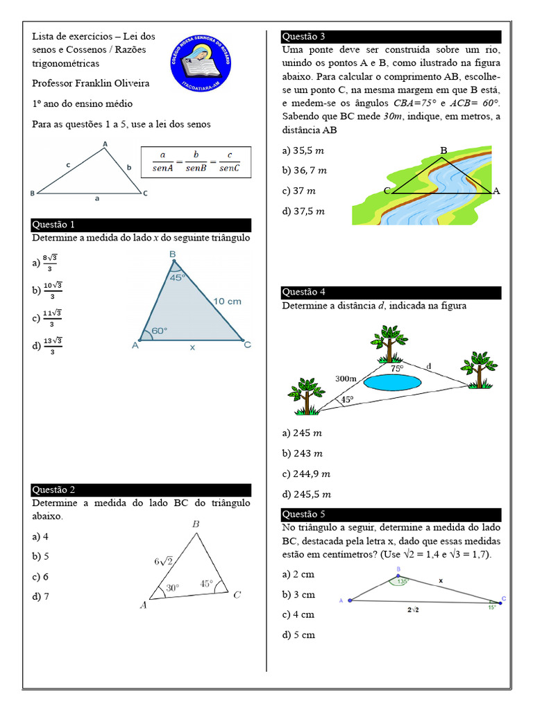 Exercícios de Trigonometria: Lei dos Senos e Cossenos | PDF | Triângulo ...