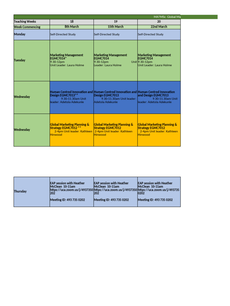 Timetable MA MSC GMC Level 7 - Term 2 Nov Start, Term 1 - Feb Start | PDF