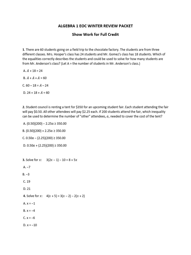 Algebra 1 Winter Packet | PDF | Inequality (Mathematics) | Mathematics