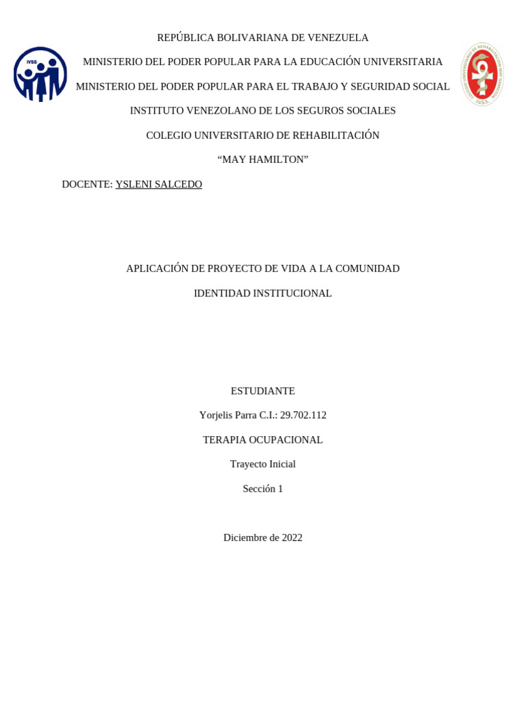 APLICACIÓN DE PROYECTO DE VIDA A LA COMUNIDAD, Yorjelis Parra | PDF