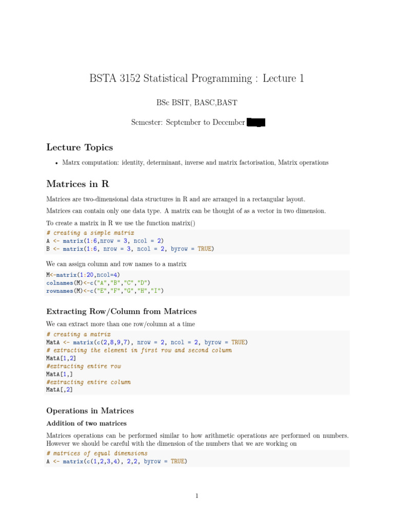 BSTA 3152 Lecture One Matrices | PDF | Matrix (Mathematics) | Mathematical Concepts