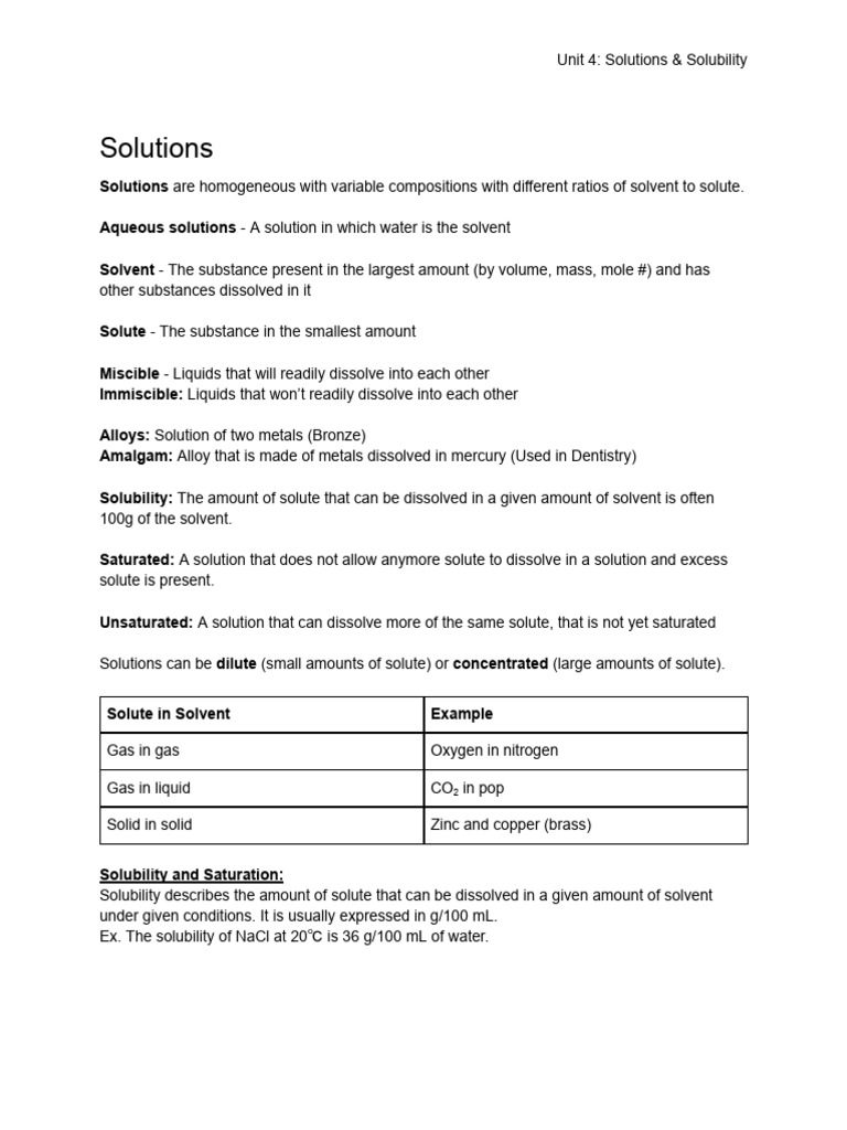 Chem Notes Unit 4 - Solutions & Solubility | PDF | Solubility ...
