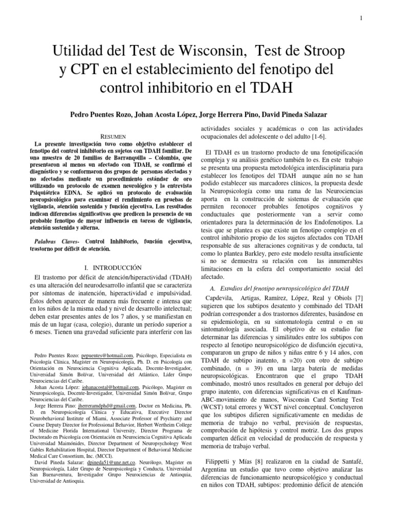 Utilidad Del Test de Wisconsin Stroop y CPT en TDAH | PDF | Desorden ...