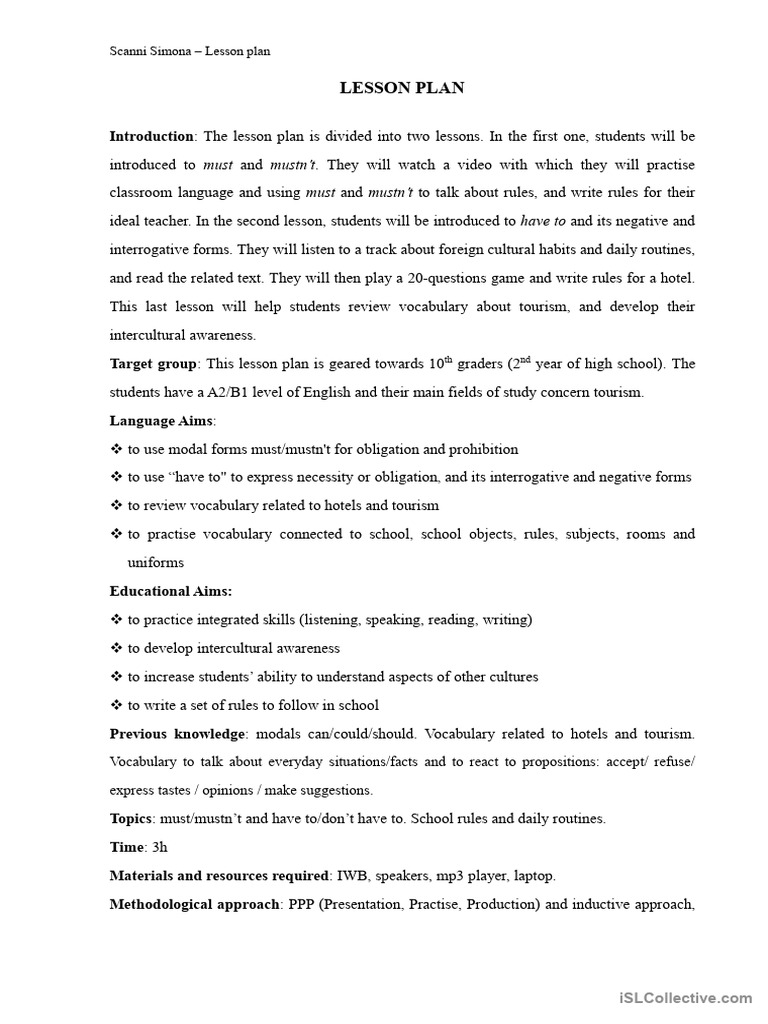 Lesson Plan: Must, Mustn't, Have To | PDF | Reading Comprehension ...