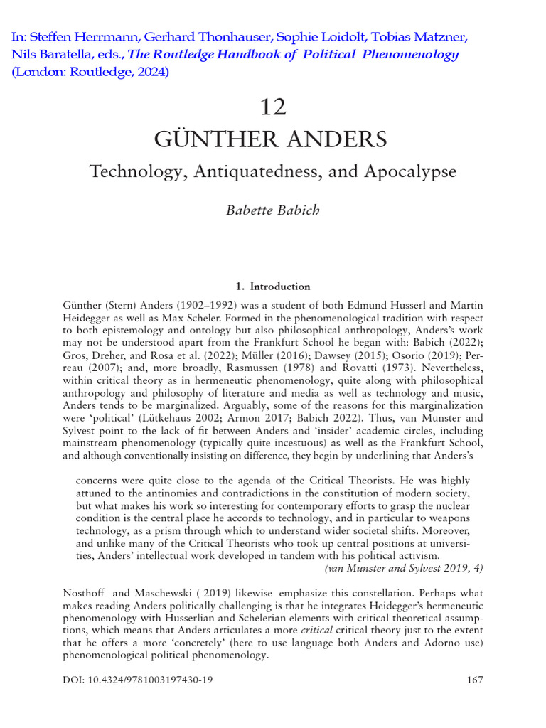 GUNTHER ANDERS Technology Antiquatedness | PDF | Martin Heidegger ...