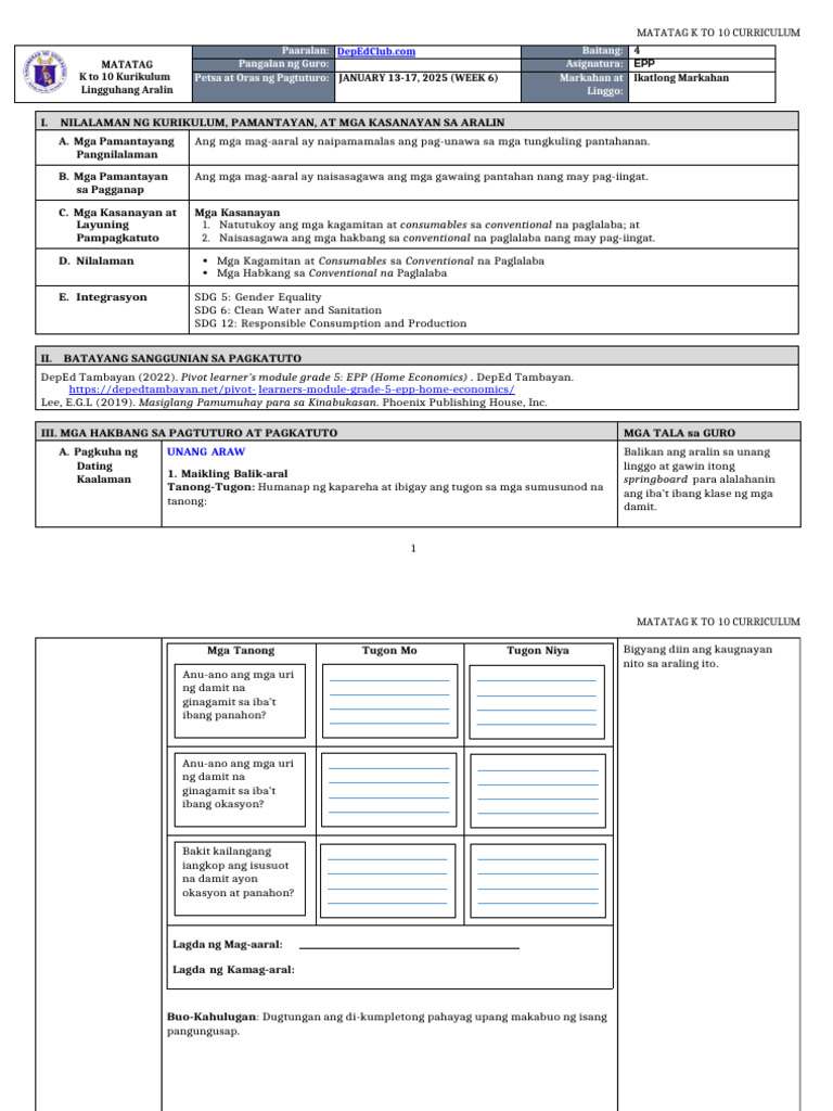 DLL Matatag - Epp 4 Q3 W6 | PDF